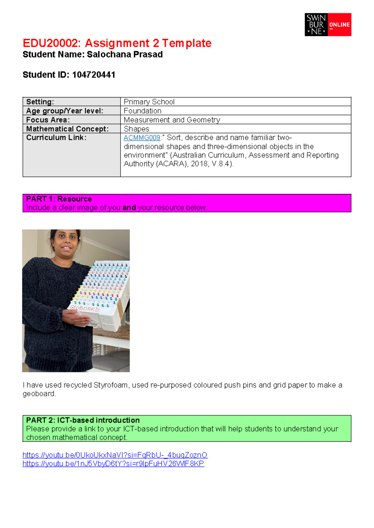 EDU20002: Assignment 2 Template for Teaching Geometry Concepts - Studocu
