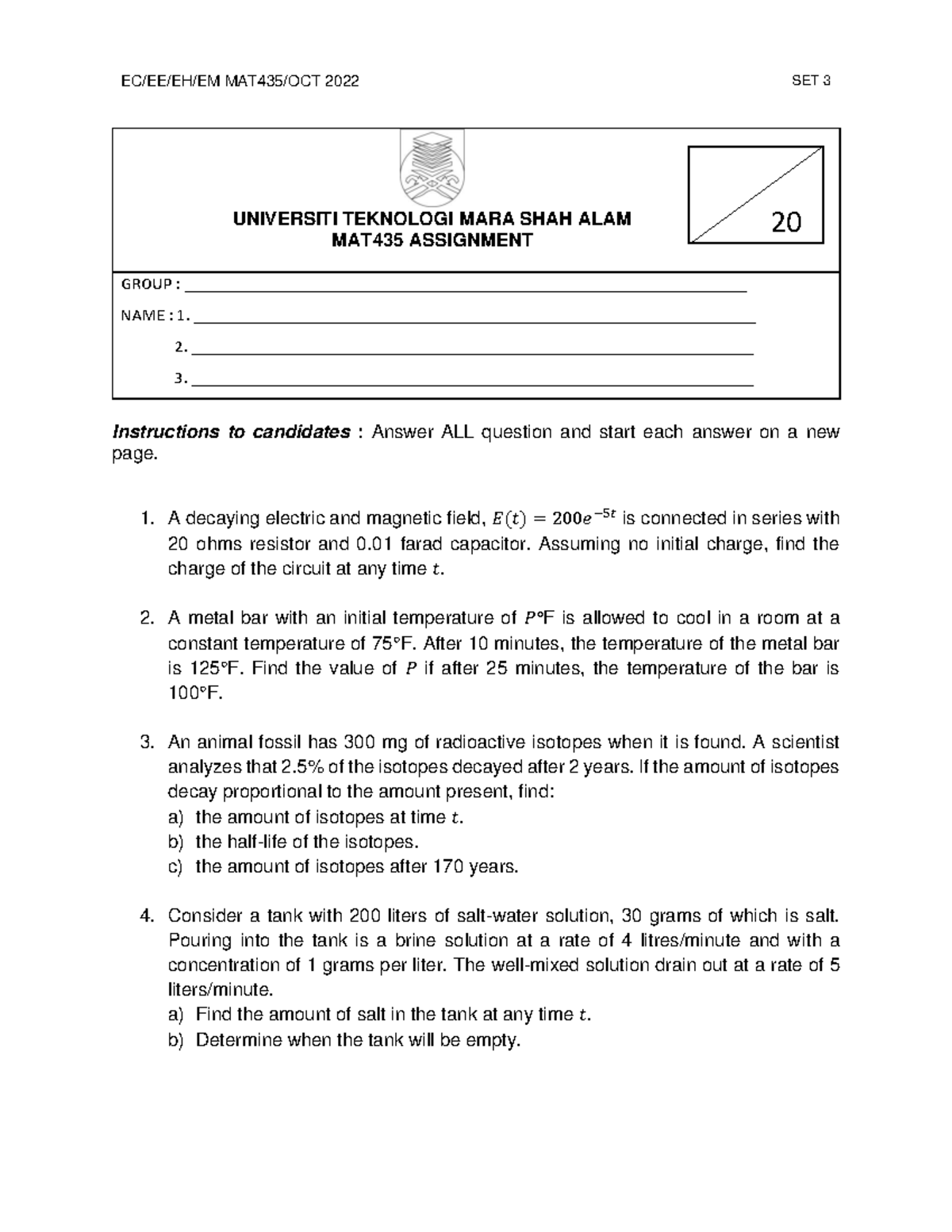 MAT435 Assignment OCT2022 SET 3 - EC/EE/EH/EM MAT435/OCT 2022 SET 3 ...