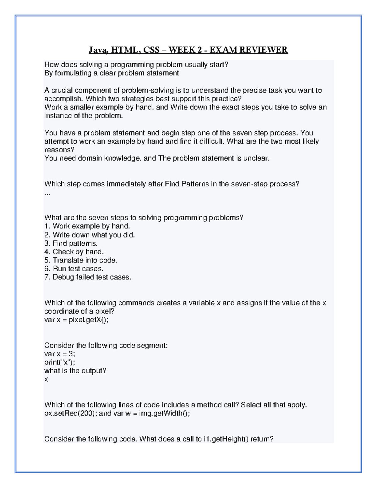 Java, HTML, CSS – WEEK 2 - EXAM REVIEWER Guide on Problem-Solving - Studocu