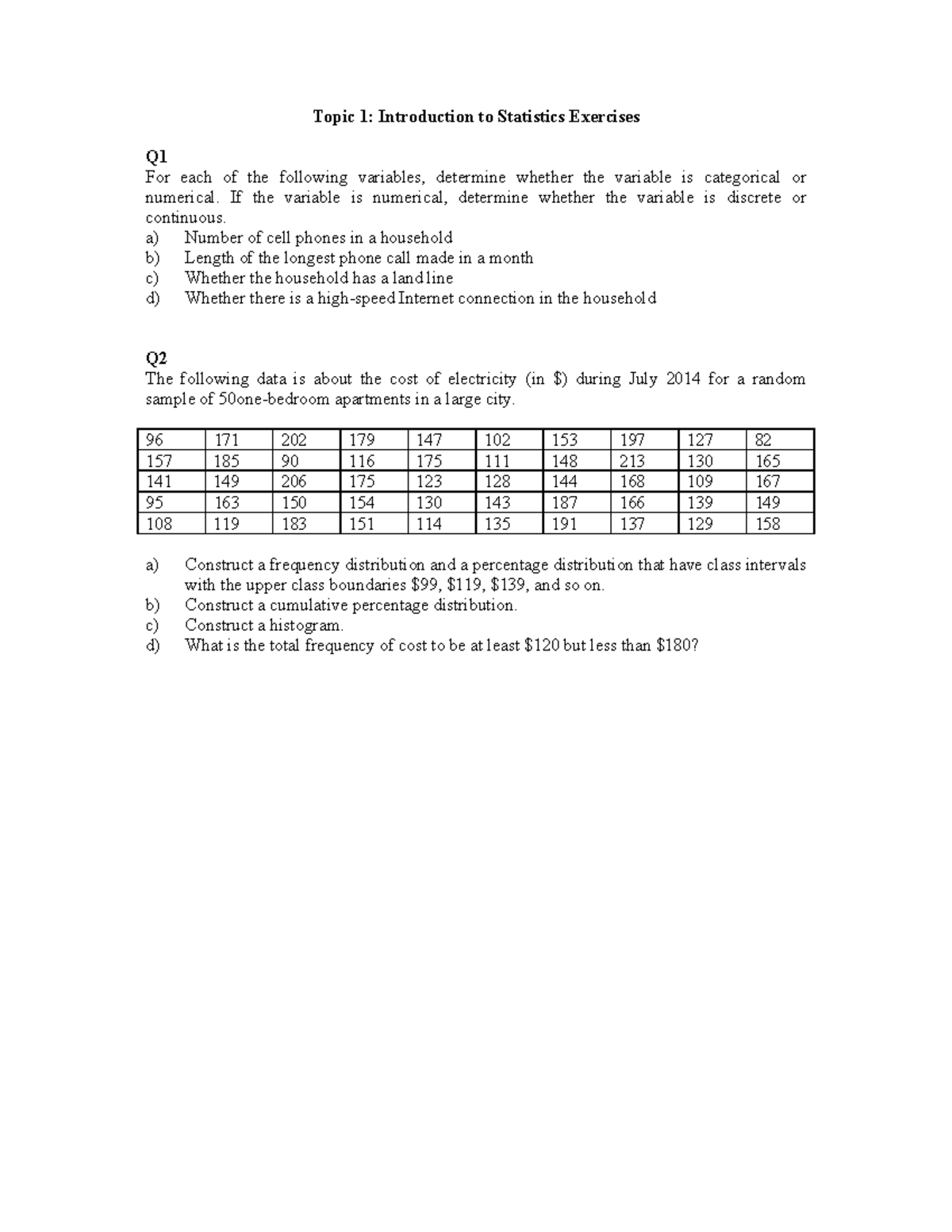 Topic 1: Intro to Statistics Exercises & Data Analysis - Studocu