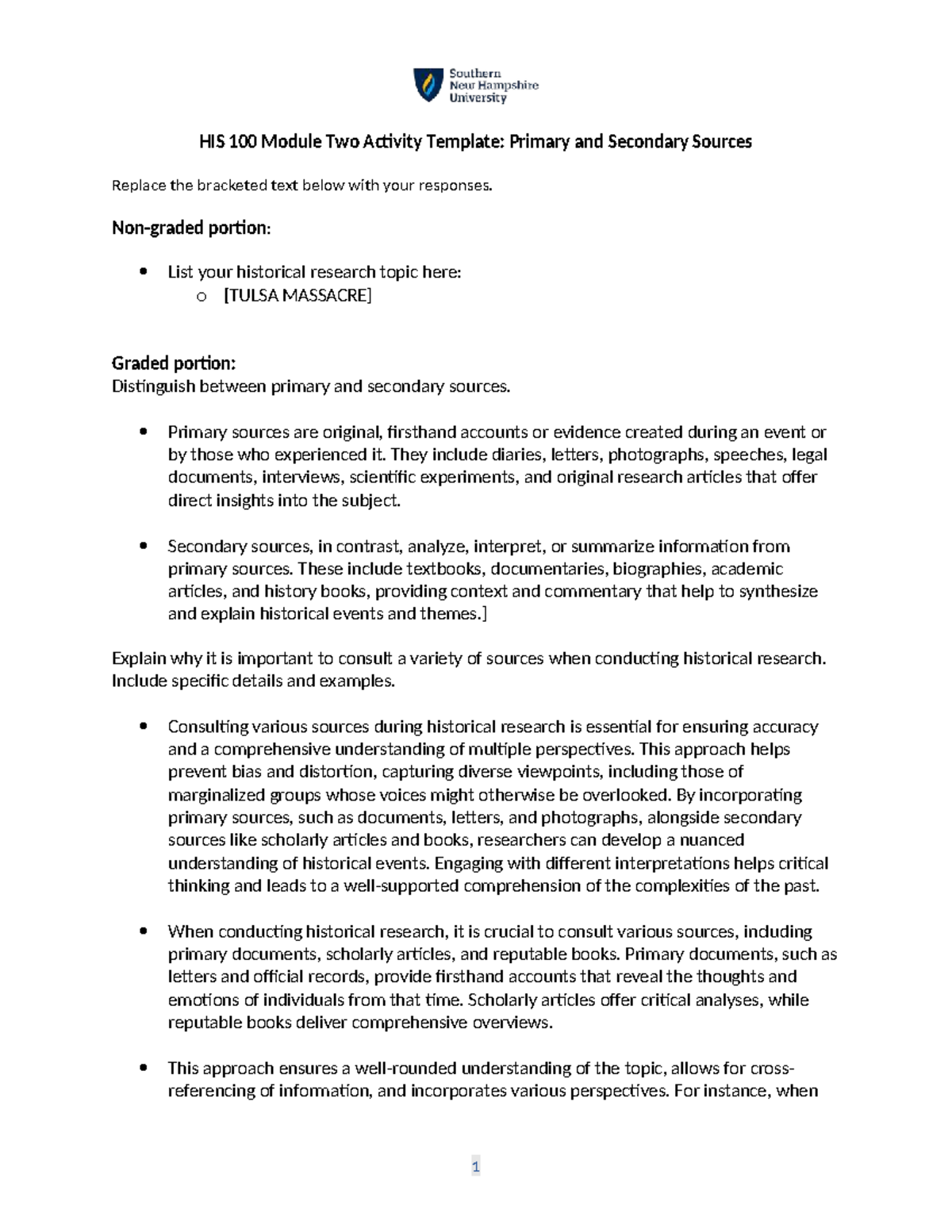 HIS 100 Module 2 Activity: Understanding Primary vs. Secondary Sources ...