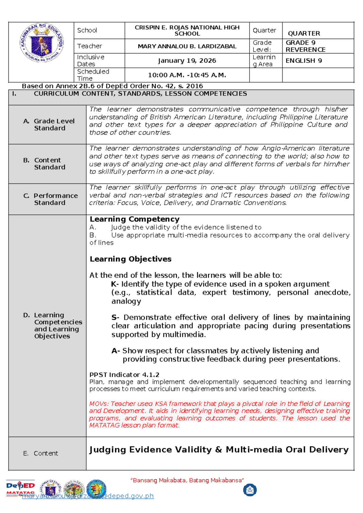 English 9 Q3 Lesson Plan: Judging Evidence Validity and Oral Delivery ...