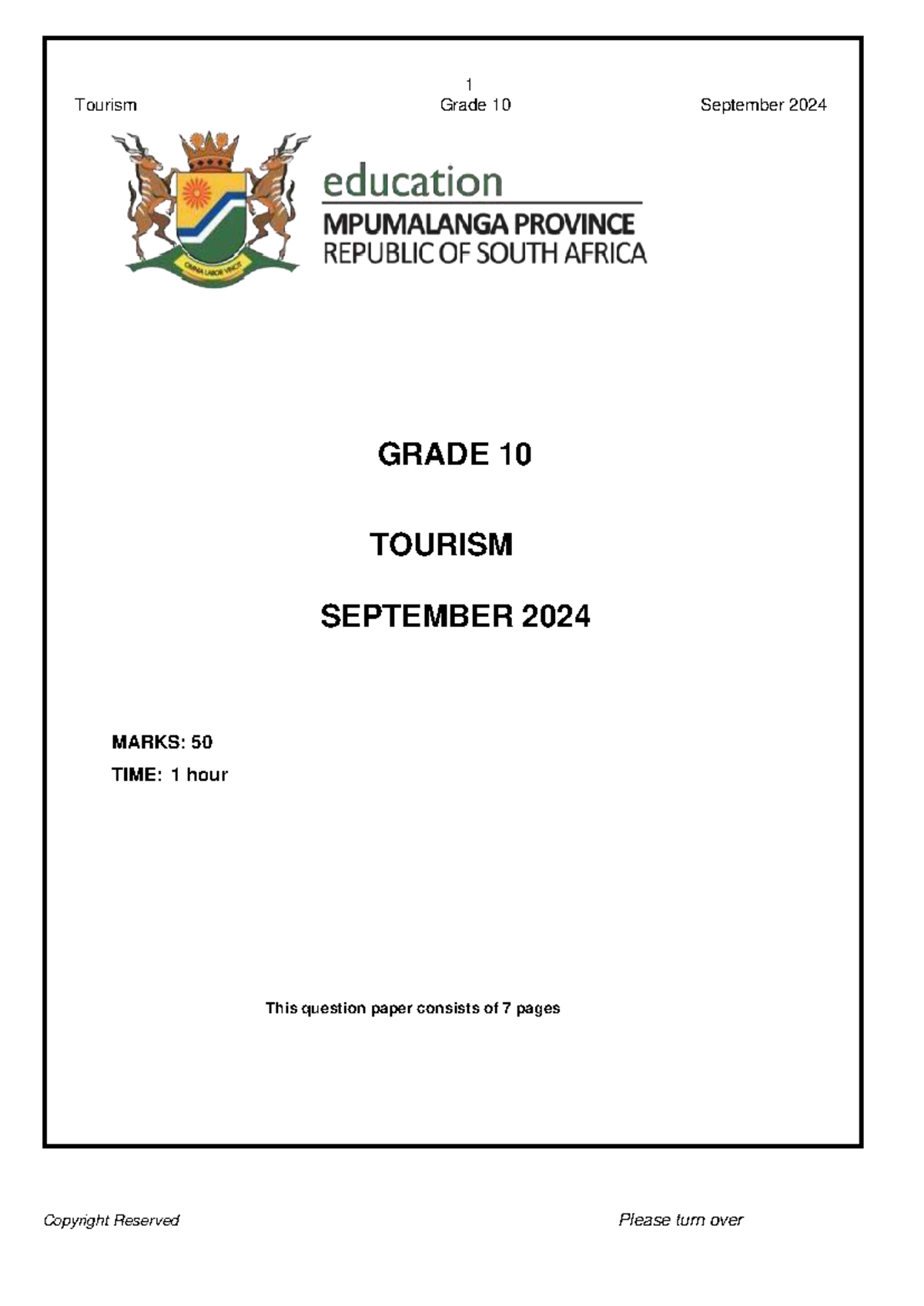 Grade 10 Tourism September 2024 Question Paper (QP) - Studocu