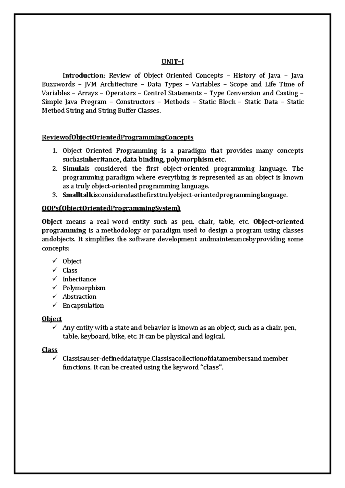 UNIT-I: Comprehensive Review of Java Programming Concepts - Studocu