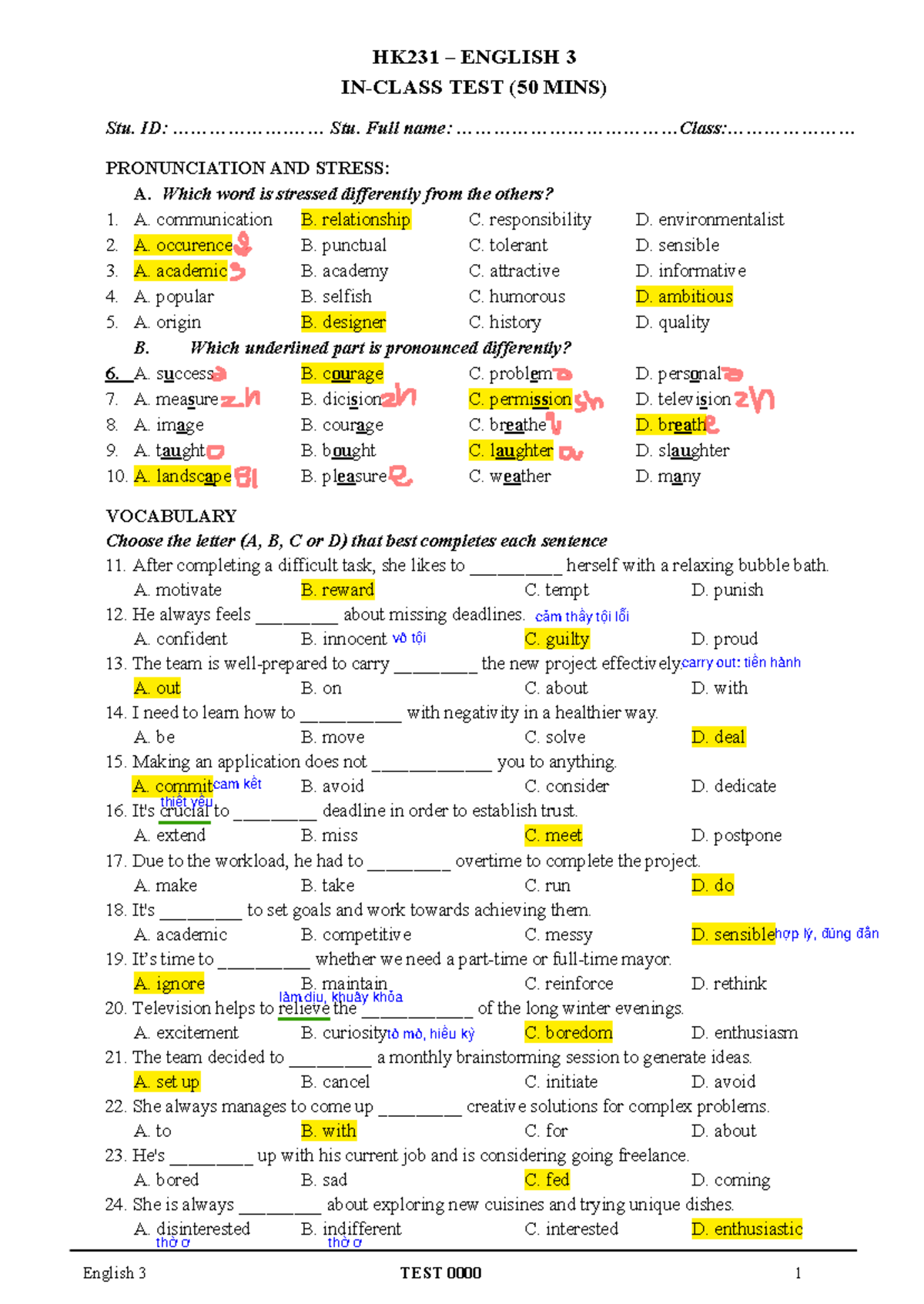 HK231 ENGLISH 3 TEST 1: PRONUNCIATION, VOCABULARY & GRAMMAR - Studocu