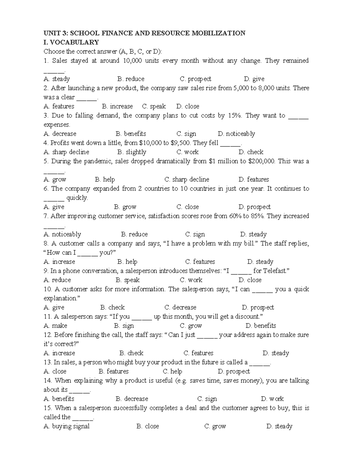 Unit 3: Vocabulary for School Finance & Resource Mobilization - Studocu