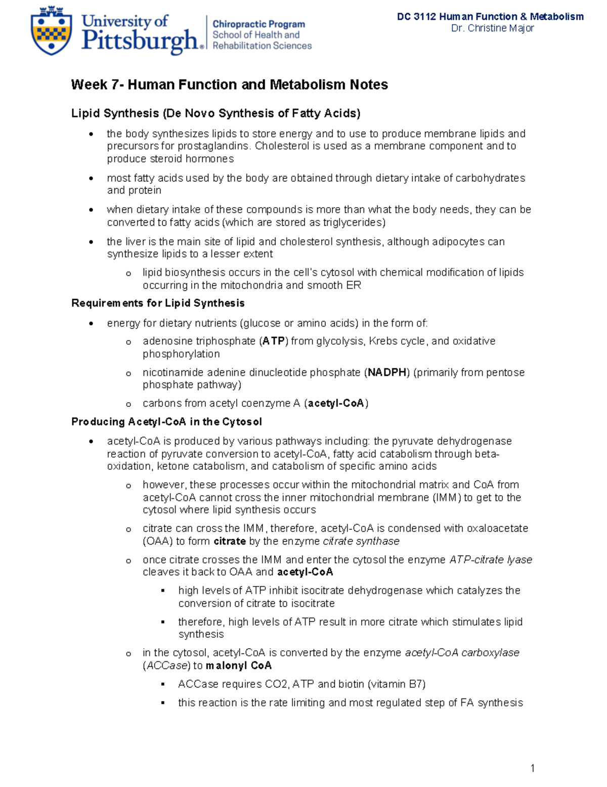 DC 3112 Human Function & Metabolism Notes - Weeks 7 & 8 Overview - Studocu