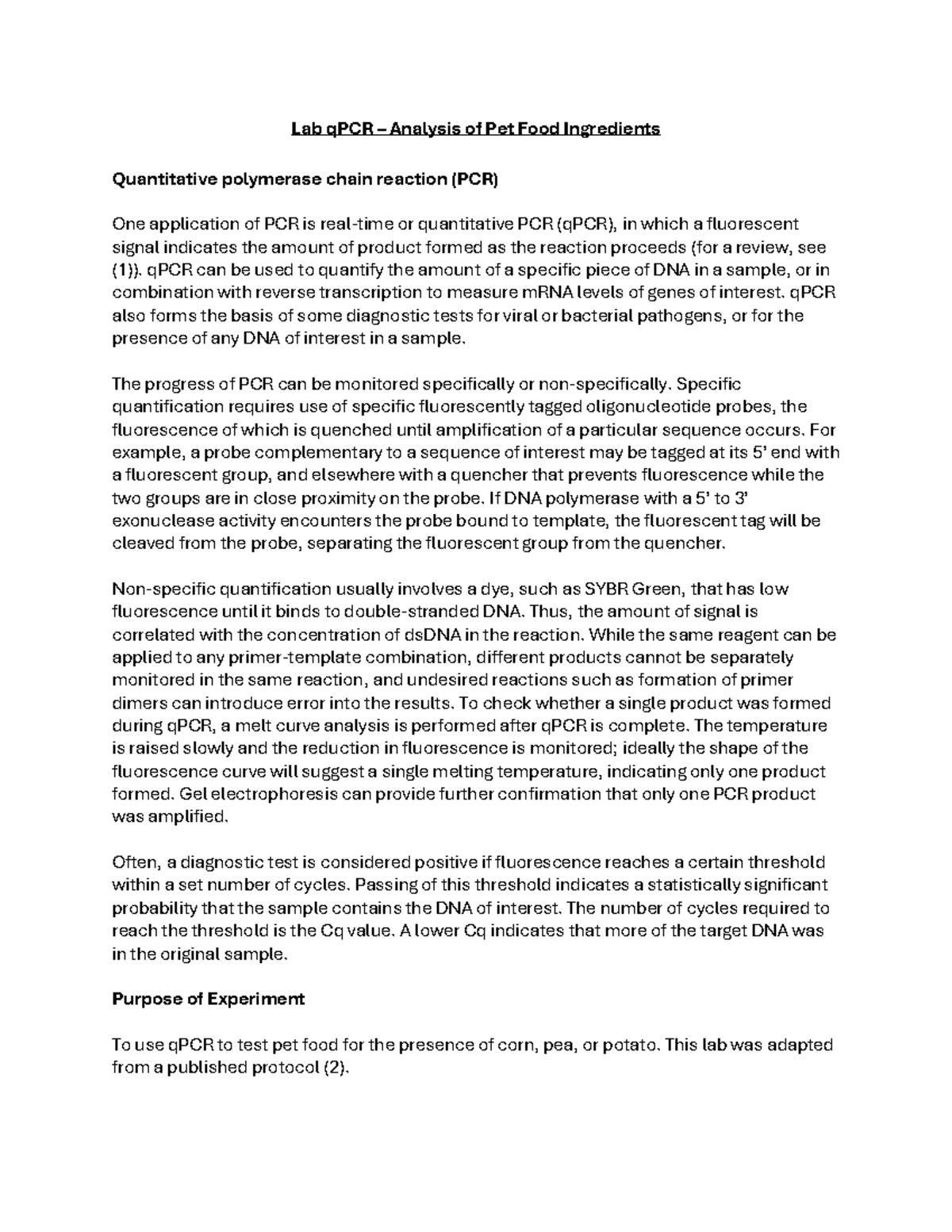 Lab qPCR Analysis of Pet Food Ingredients: Protocol and Overview - Studocu