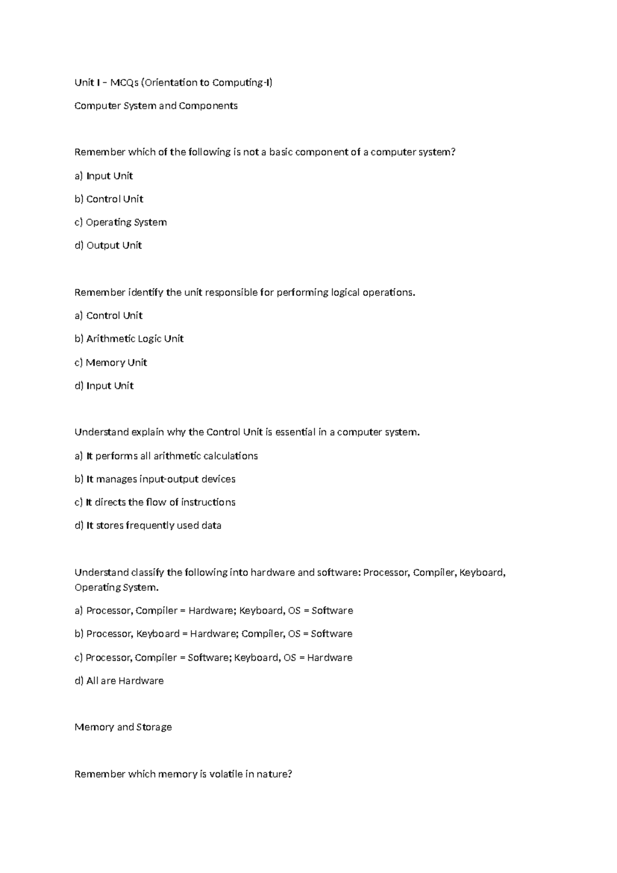 Unit I MCQs (Orientation to Computer System and Components) - Easy ...