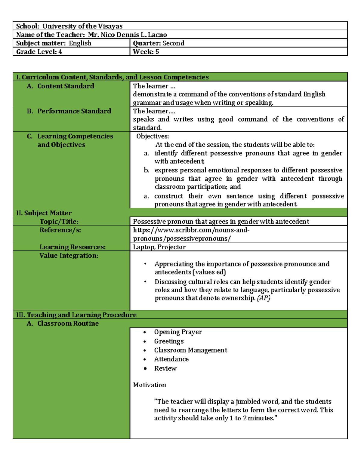 English 211 LP - PDF - Lesson plan about different possessive pronouns ...