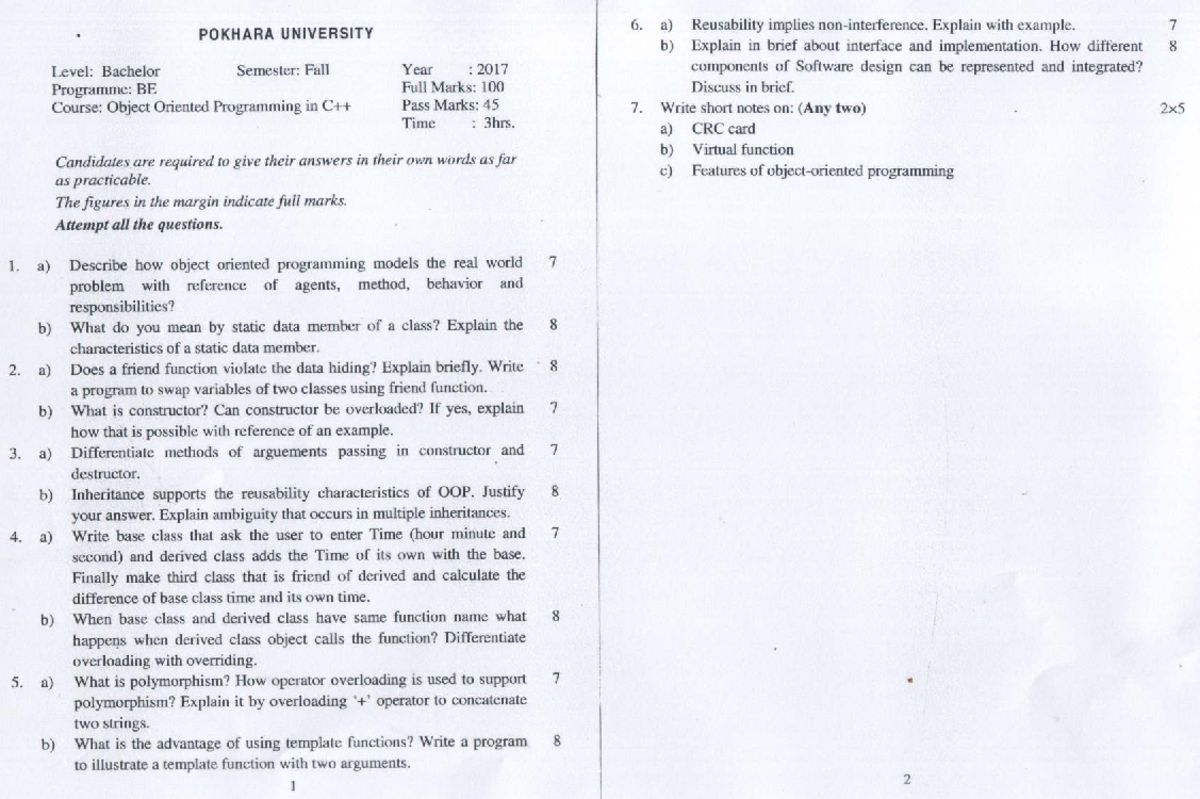 C++-17 Fall: Past Year Questions on Object Oriented Programming - Studocu