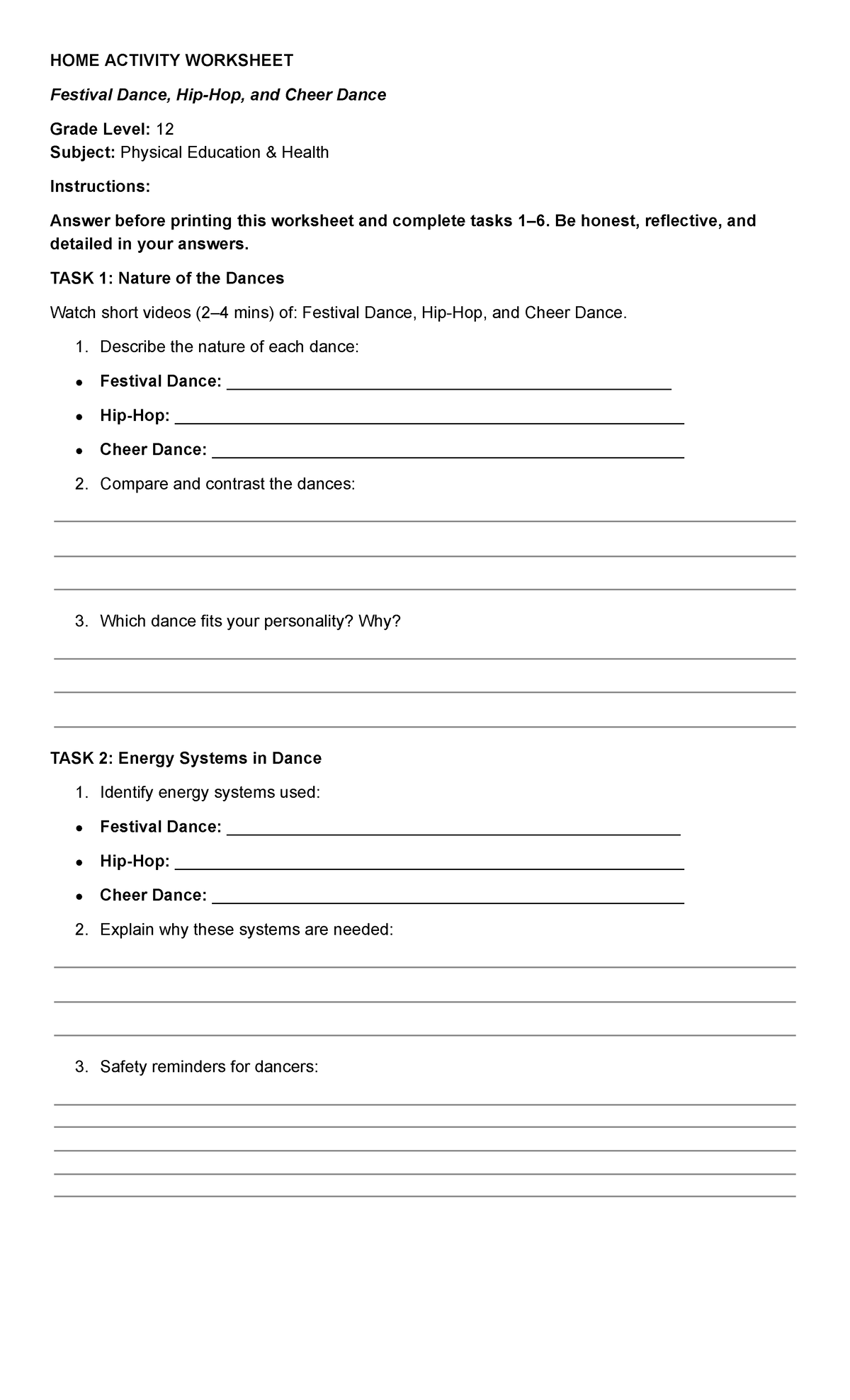 HOME Activity Worksheet - PE: Festival & Cheer Dance Analysis - Studocu