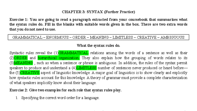 CHAPTER 3: SYNTAX (Further Practice) Exercises & Tree Diagrams - Studocu