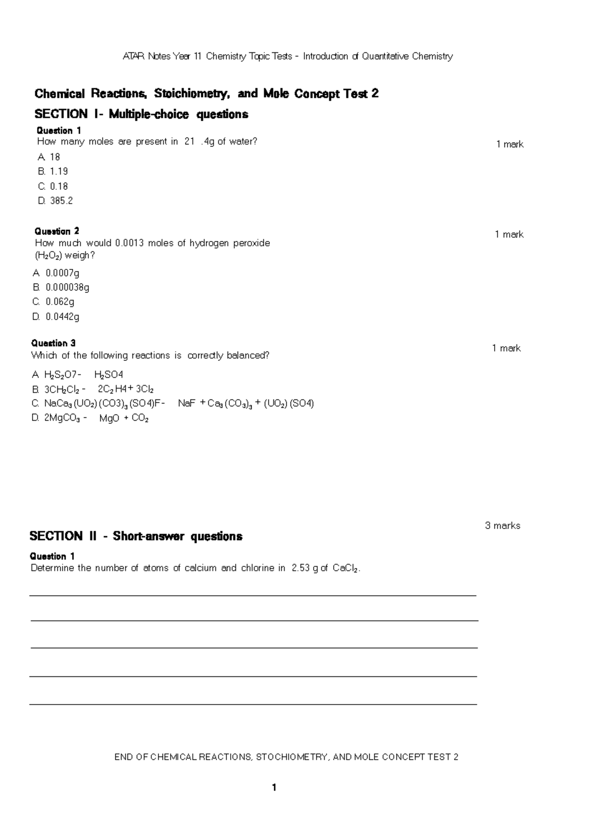 ATAR Year 11 Chemistry Module 2: Chemical Reactions & Stoichiometry ...