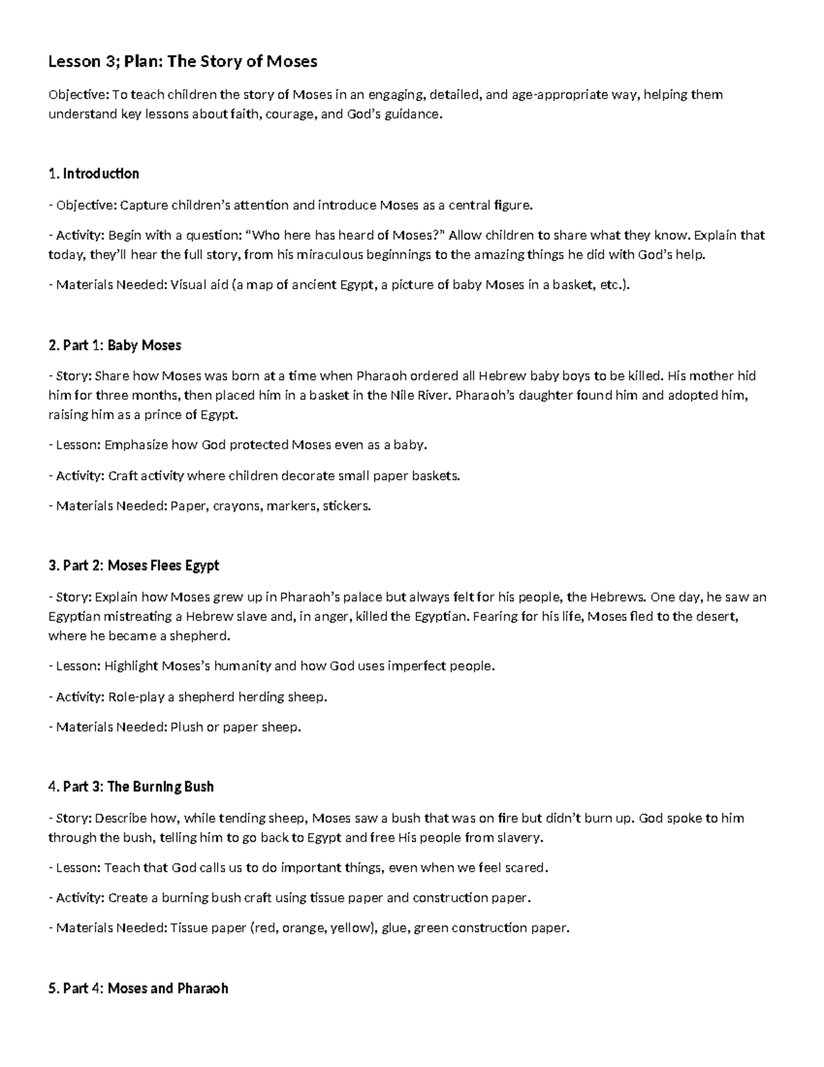 Lesson Plan: The Story of Moses for Children (S.S. 101) - Studocu