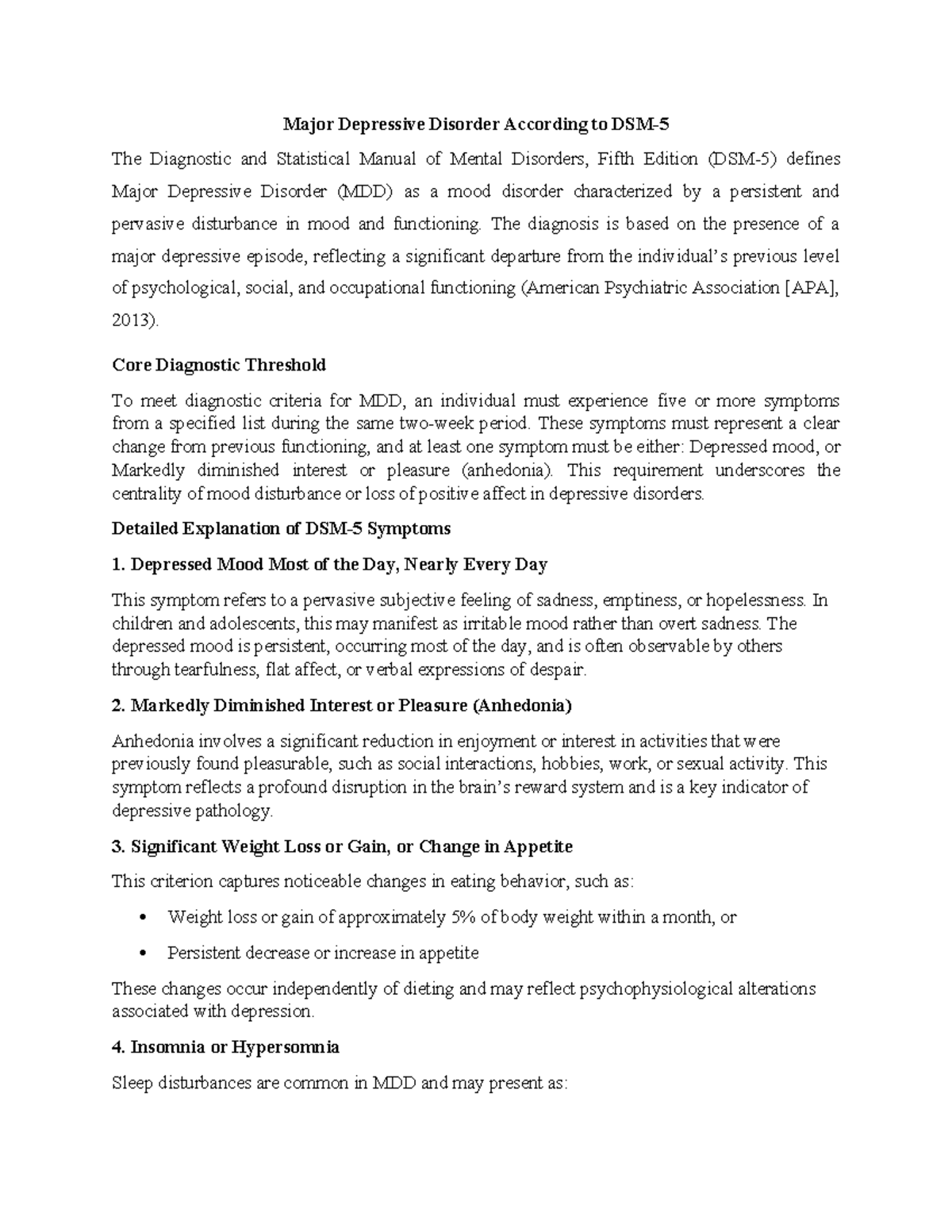 Major Depressive Disorder (MDD) Overview According to DSM-5 - Studocu