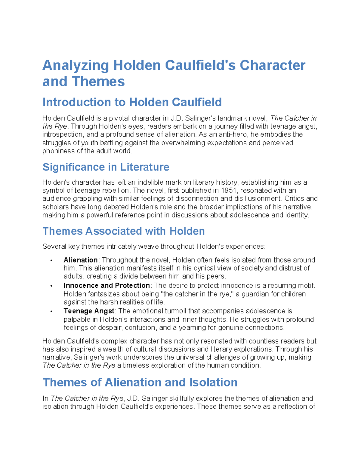 Analyzing Holden Caulfield's Character and Themes - Analyzing Holden ...