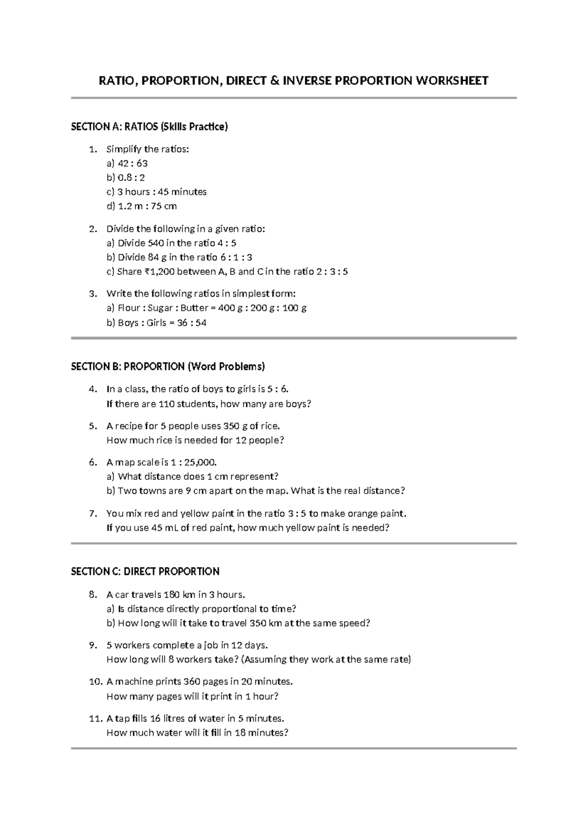 RATIO, PROPORTION & DIRECT INVERSE PROPORTION WORKSHEET - Studocu