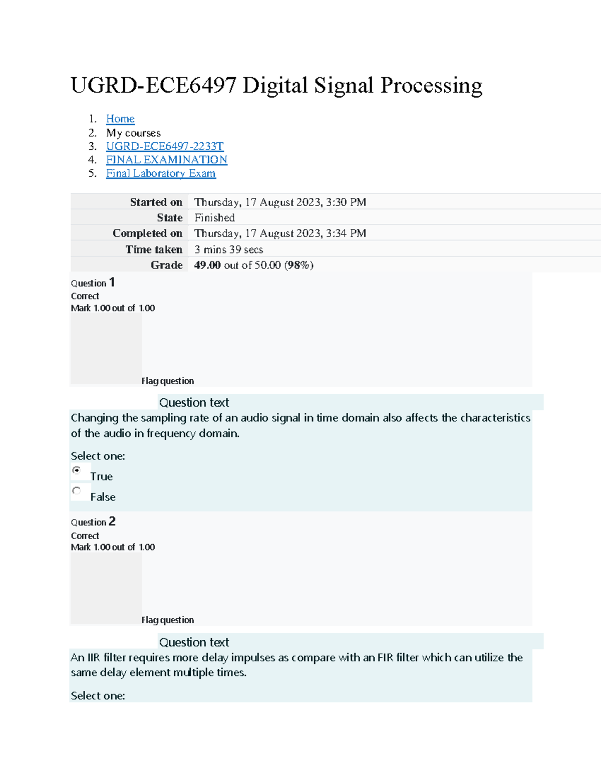 Final Lab Exam Review: UGRD-ECE6497 Digital Signal Processing - Studocu