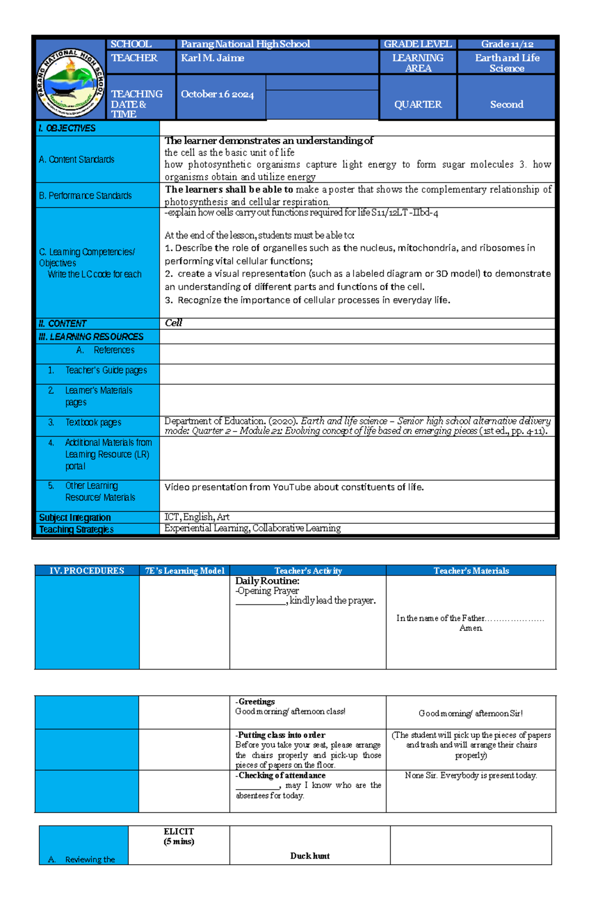 Earth and Life Science - Detailed Lesson Plan for Grade 11 Cells - Studocu