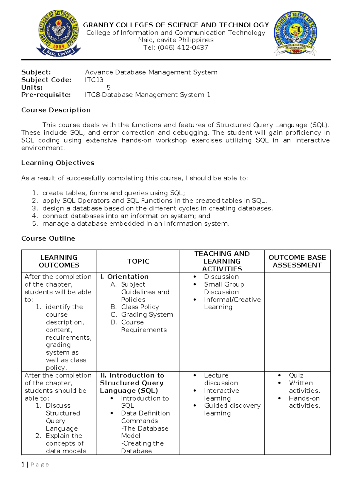 Advanced Database Management System ITC13 Course Overview and Learning Outcomes - Studocu