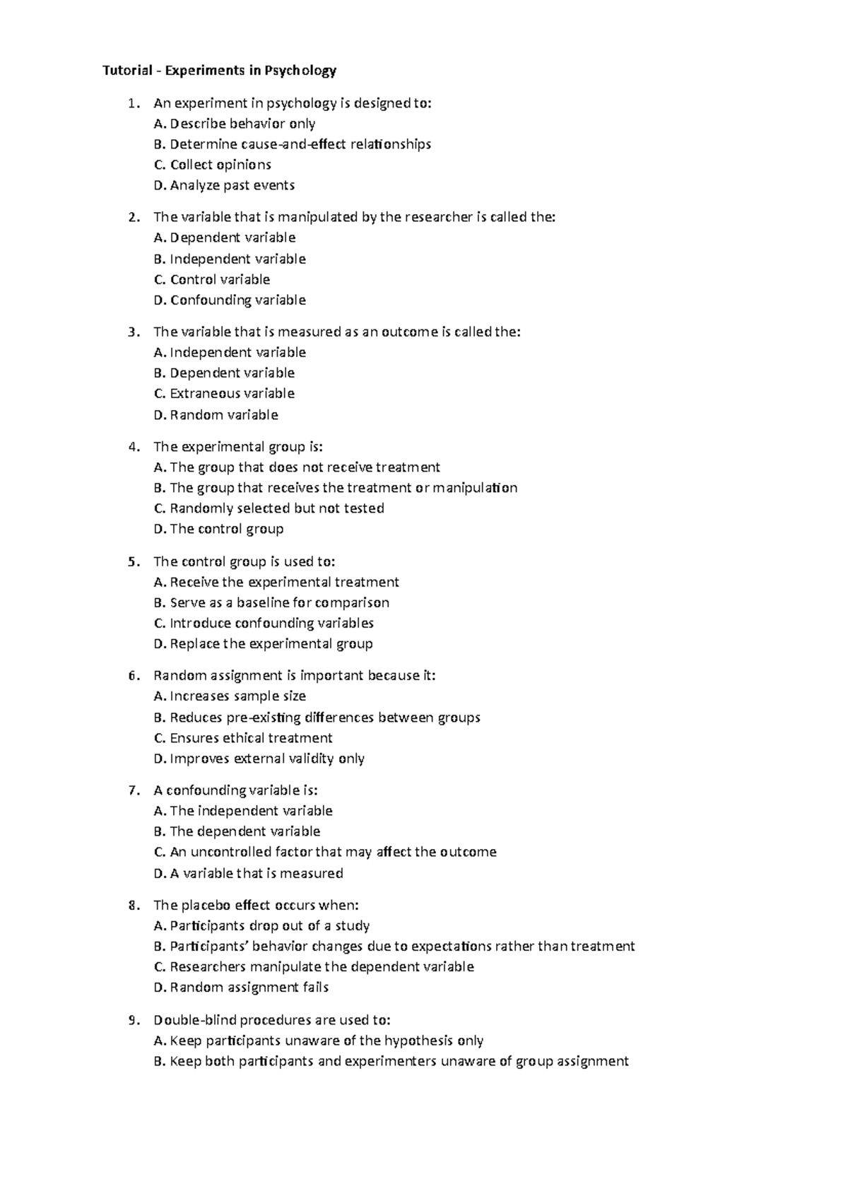 Tutorial - Experiments in Psychology 1: Key Concepts and Definitions ...