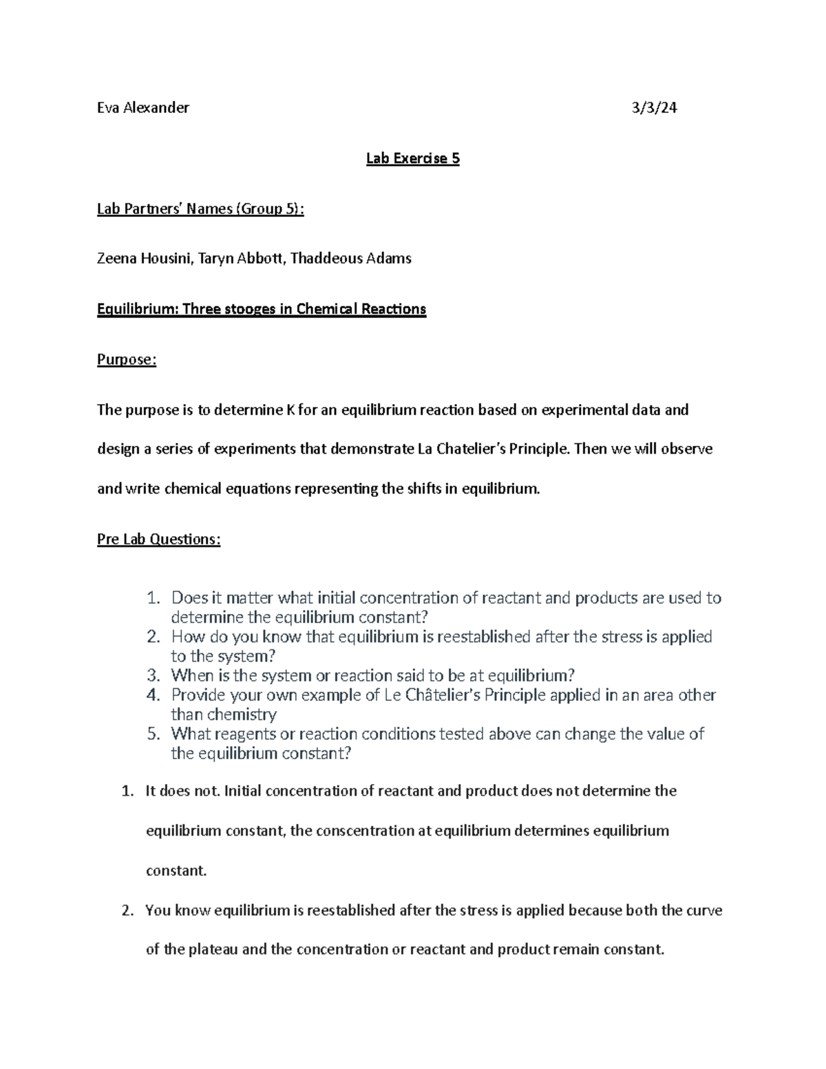 CHEM2 - Lab 5: Determining Equilibrium Constant & Le Chatelier's ...