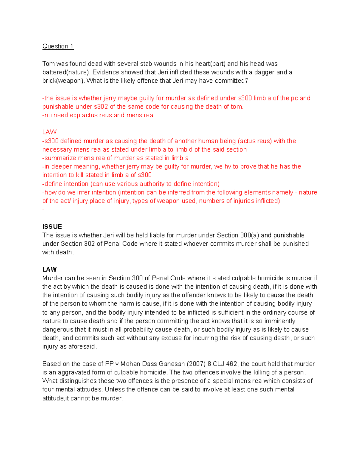 Criminal Law Tuto: Jeri's Potential Murder Charge Under S300(a) - Studocu