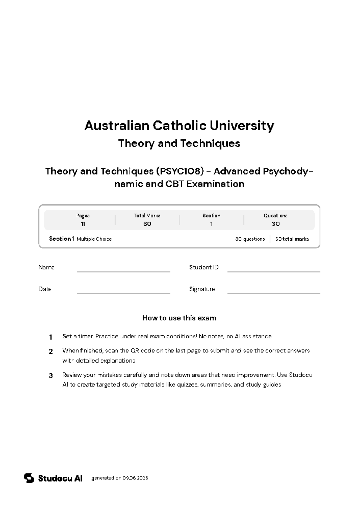 PSYC108 - Advanced Psychodynamic & CBT Final Exam - Studocu