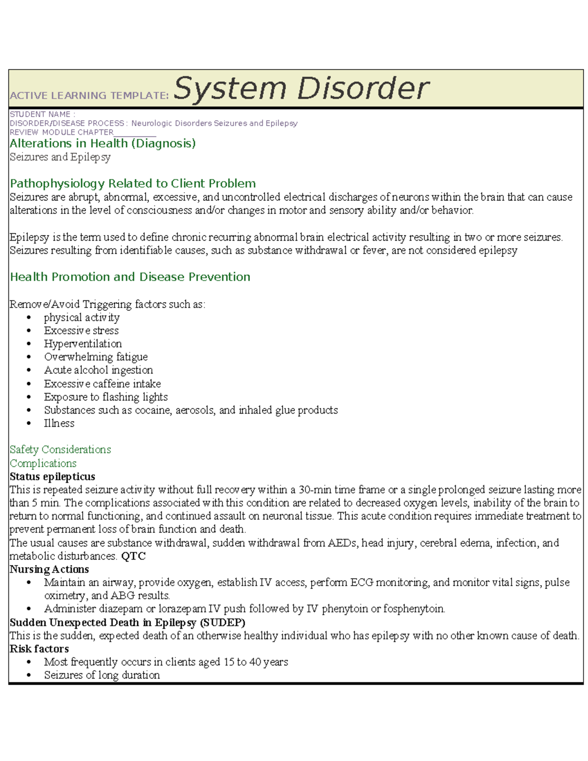 Neurologic Disorders: Seizures & Epilepsy Study Notes (NURS 101) - Studocu
