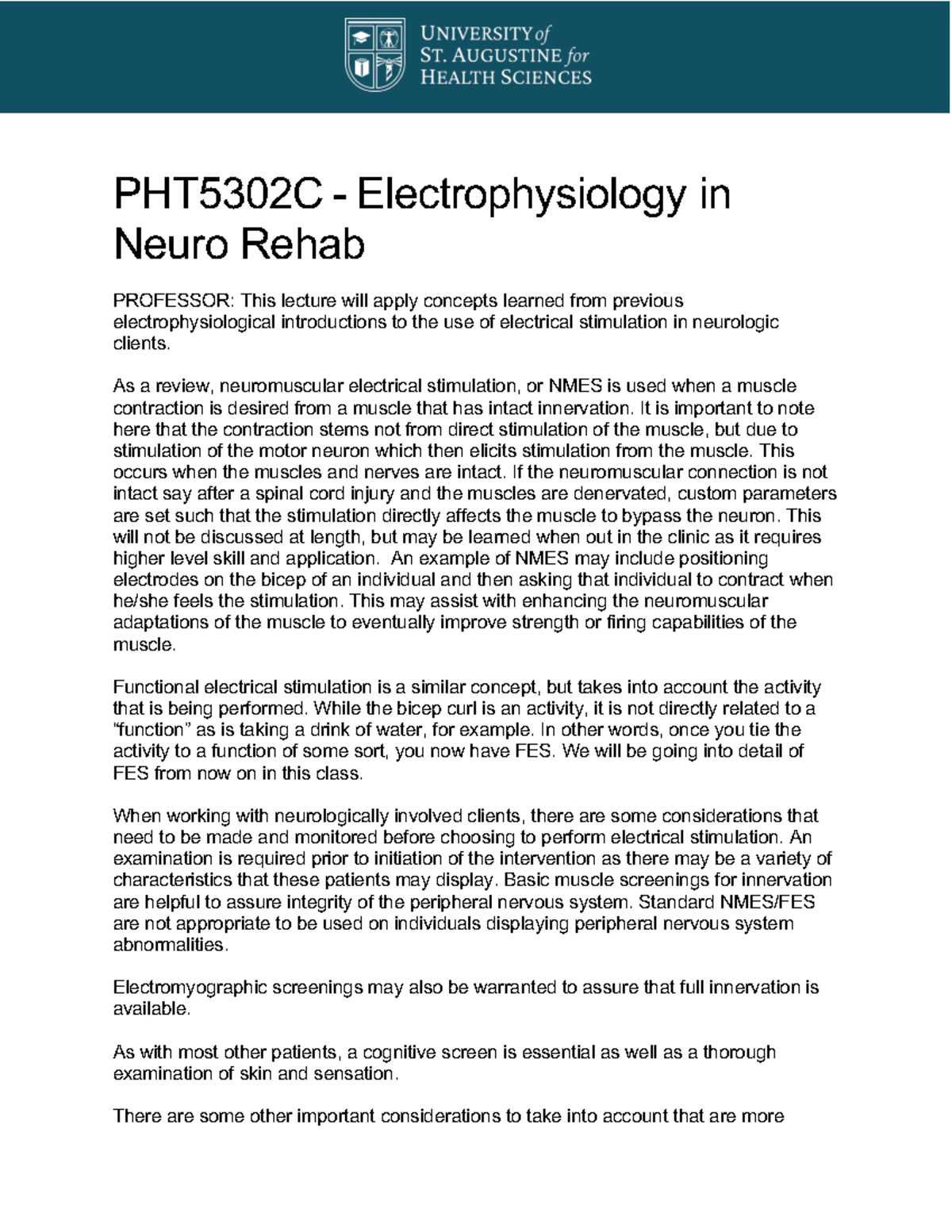 PHT5302C Lecture Notes: Functional Electrical Stimulation in Neuro ...