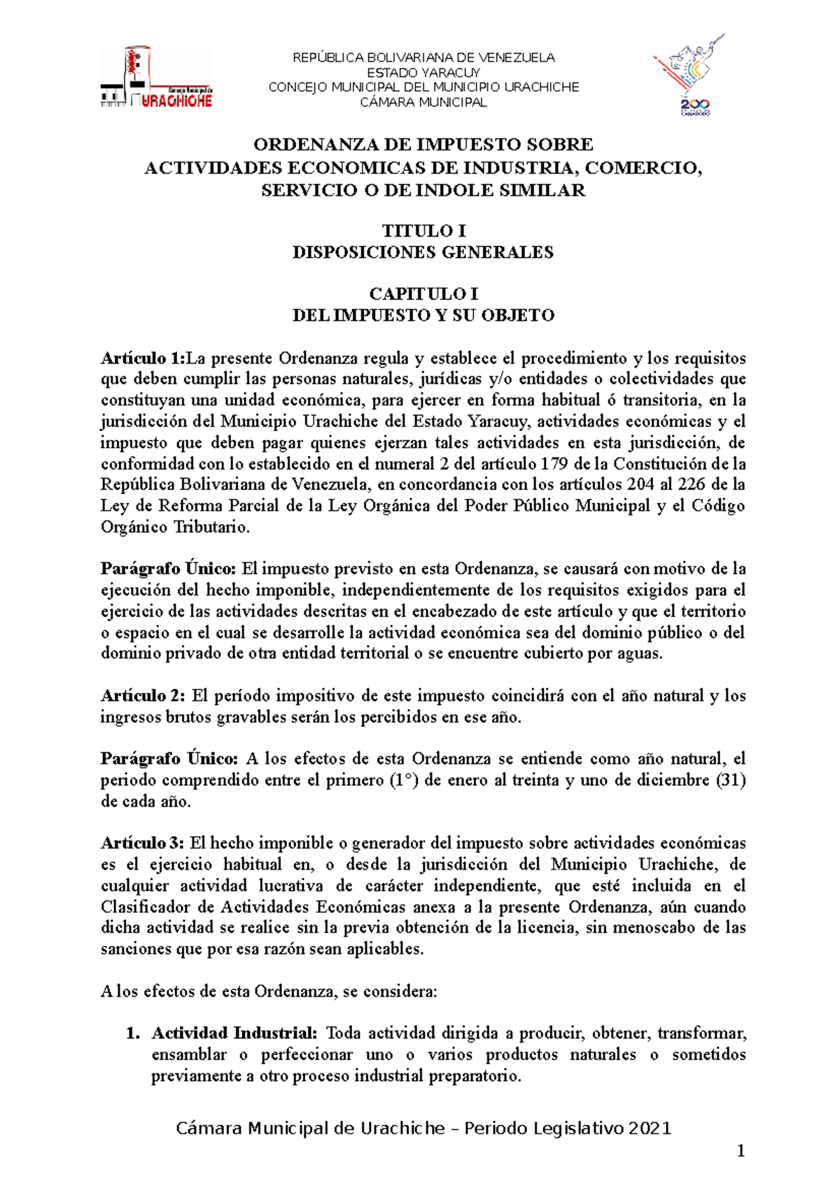 Ordenanza de Impuesto sobre Actividades Económicas - Urachiche 2021 - Studocu