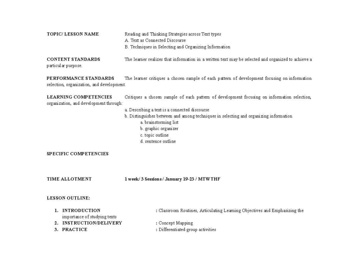 RWS1 - Lesson Plan on Reading & Thinking Strategies - Studocu