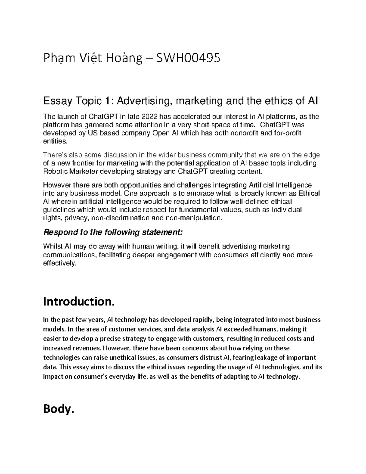 ADV2000 1 Assignment 1 Minor essay - Phạm Việt Hoàng – SWH Essay Topic ...