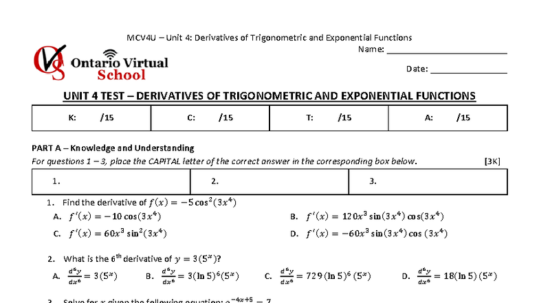 MCV4U Unit 4 Test: Derivatives of Trigonometric & Exponential Functions ...