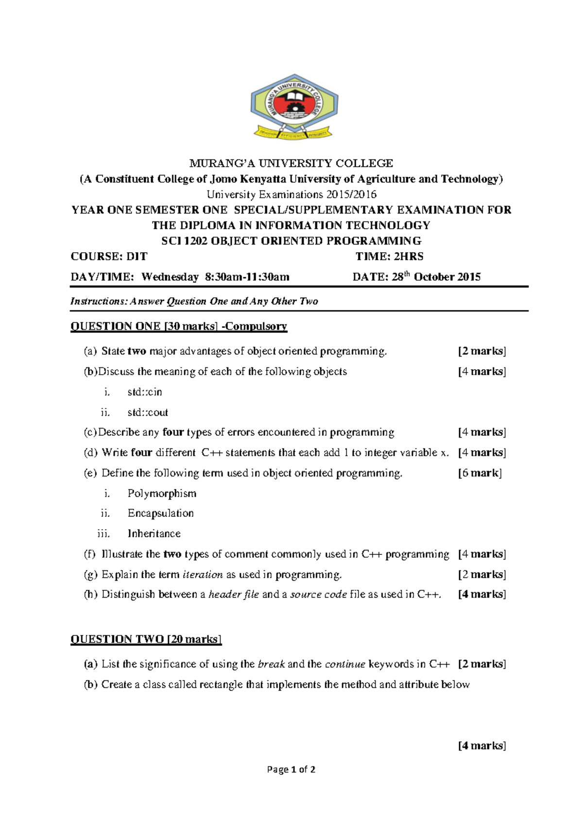 C++6 - SCI 1202 OOP Final Exam 2015: Key Concepts & Questions - Studocu