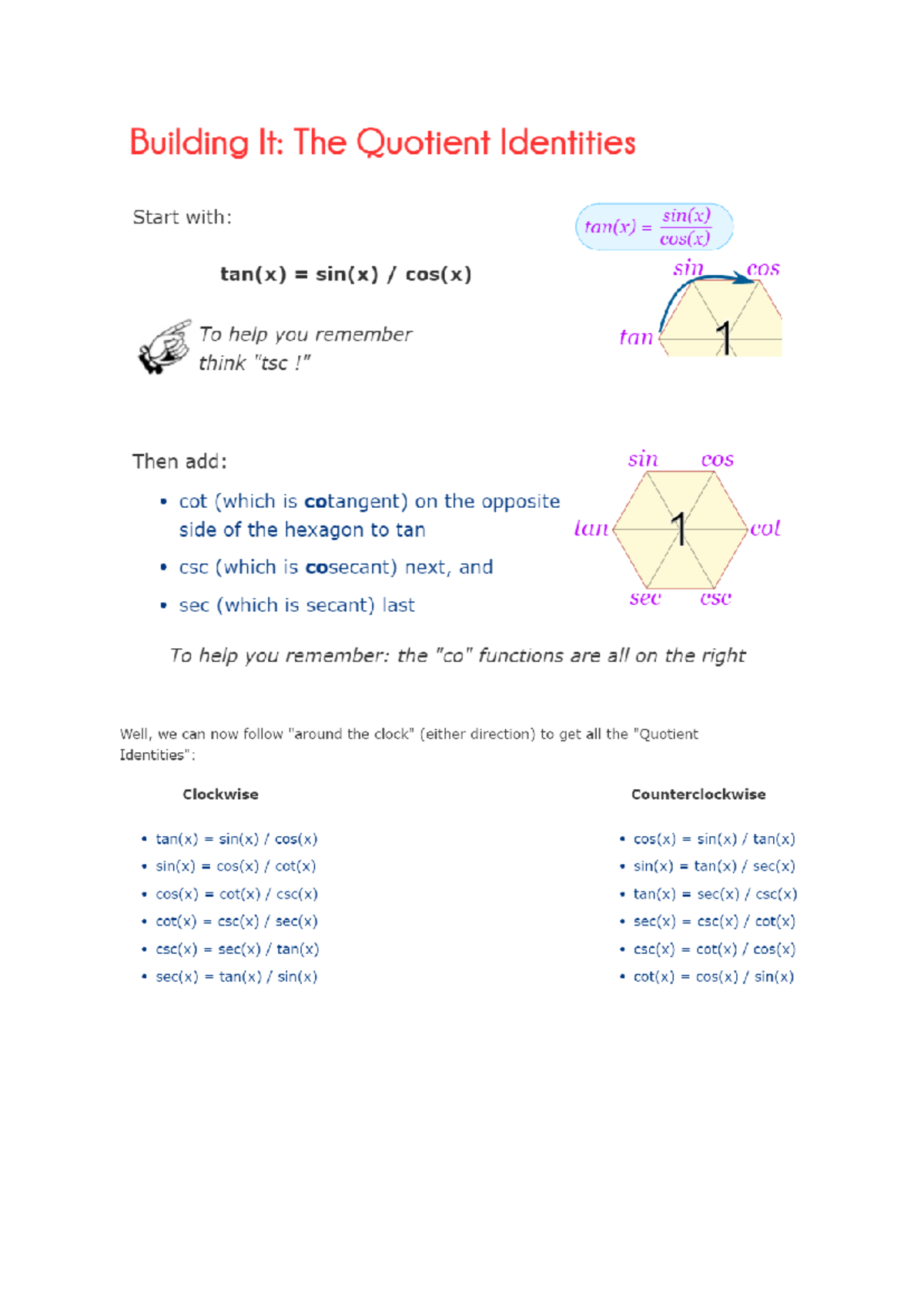 Magic hexagon Trig Identities - Building It: The Quotient Identities ...