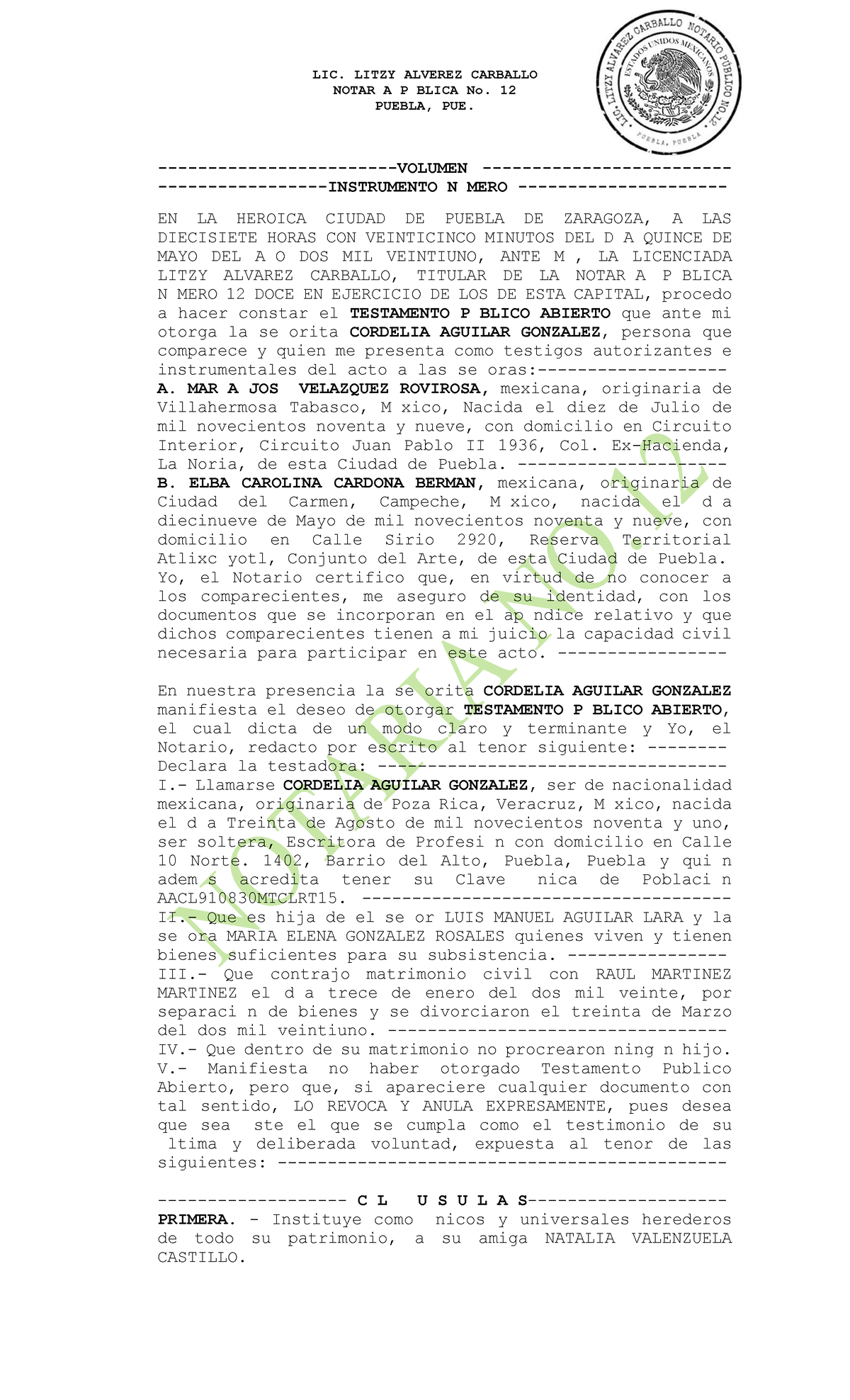 Formato testamento notarial - Lic. Litzy Alvarez Carballo - Studocu