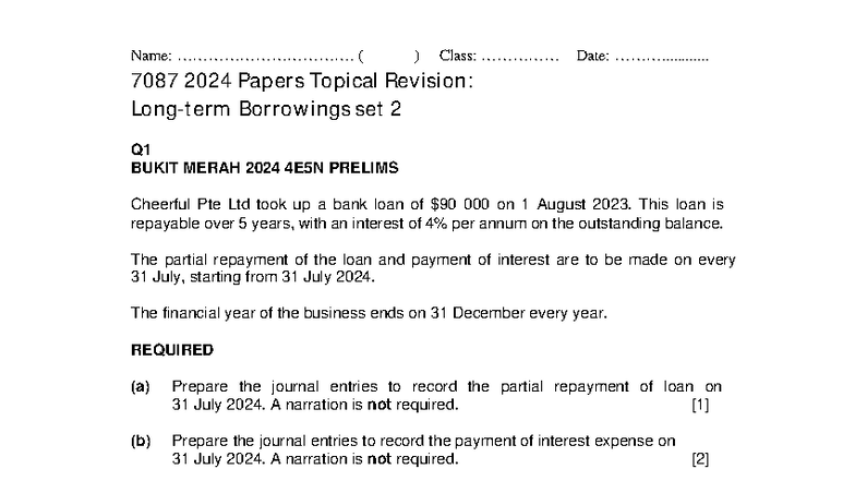 2024 4E5N Prelims Exam Practice: Long Term Borrowings Set 2 - Studocu