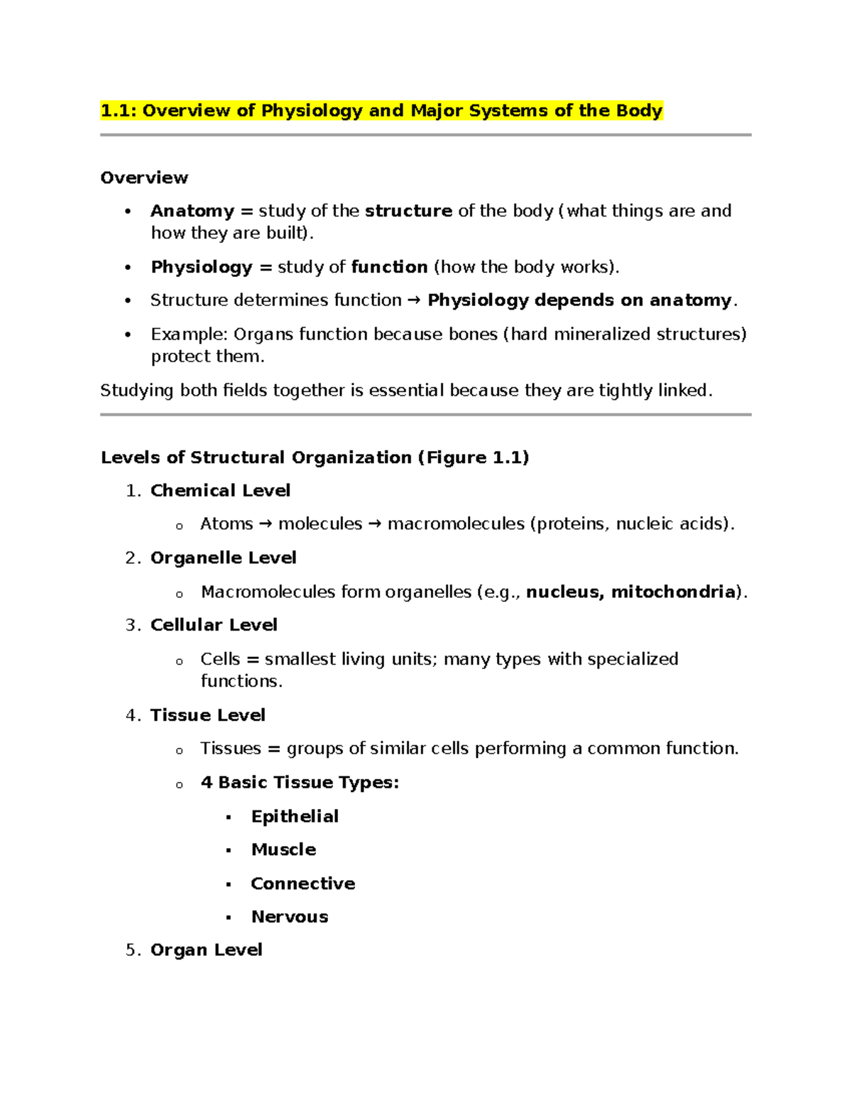 1.1: Overview of Physiology & Major Body Systems - Studocu
