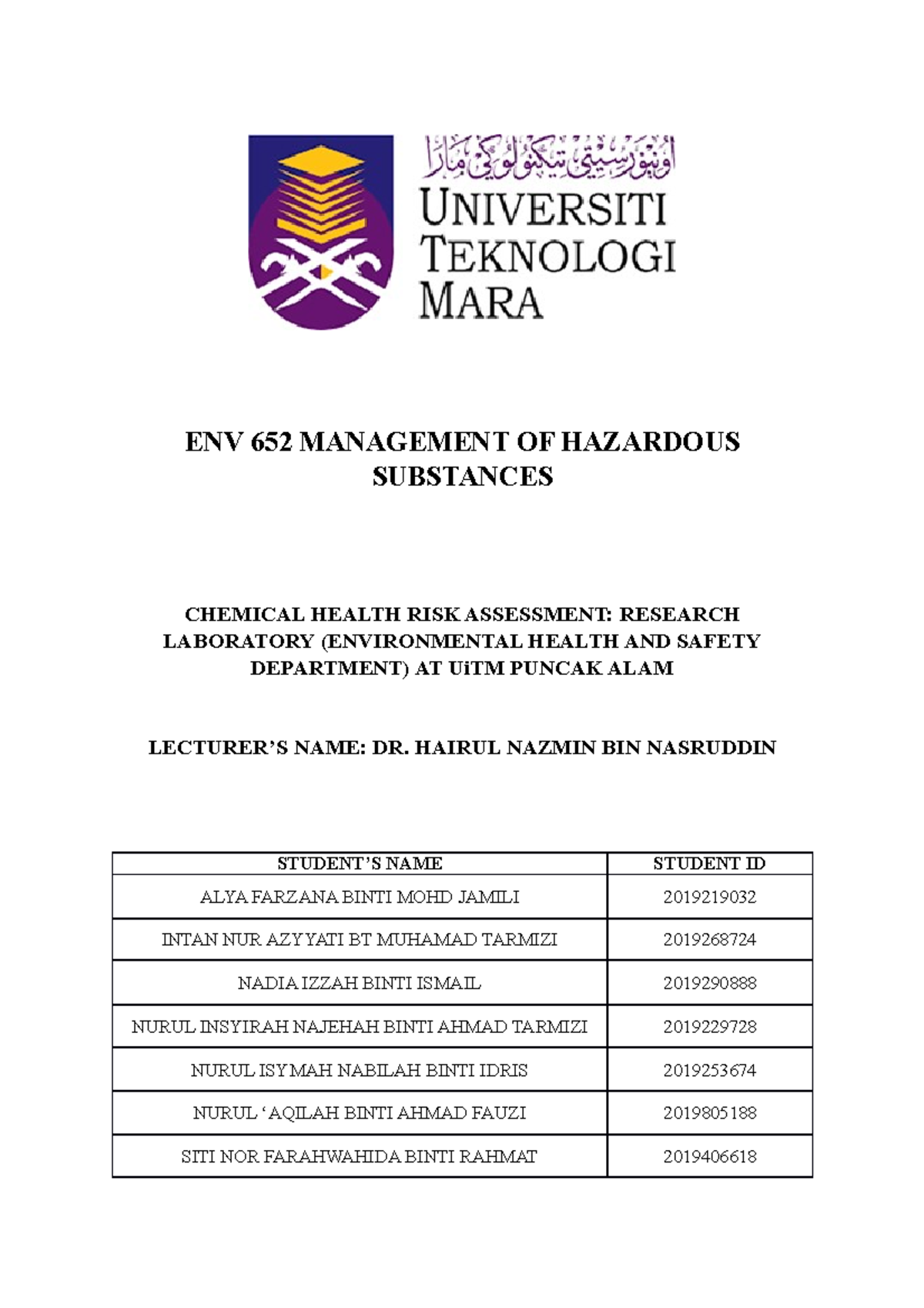 CHRA 652: Chemical Health Risk Assessment Report for Labs - Studocu