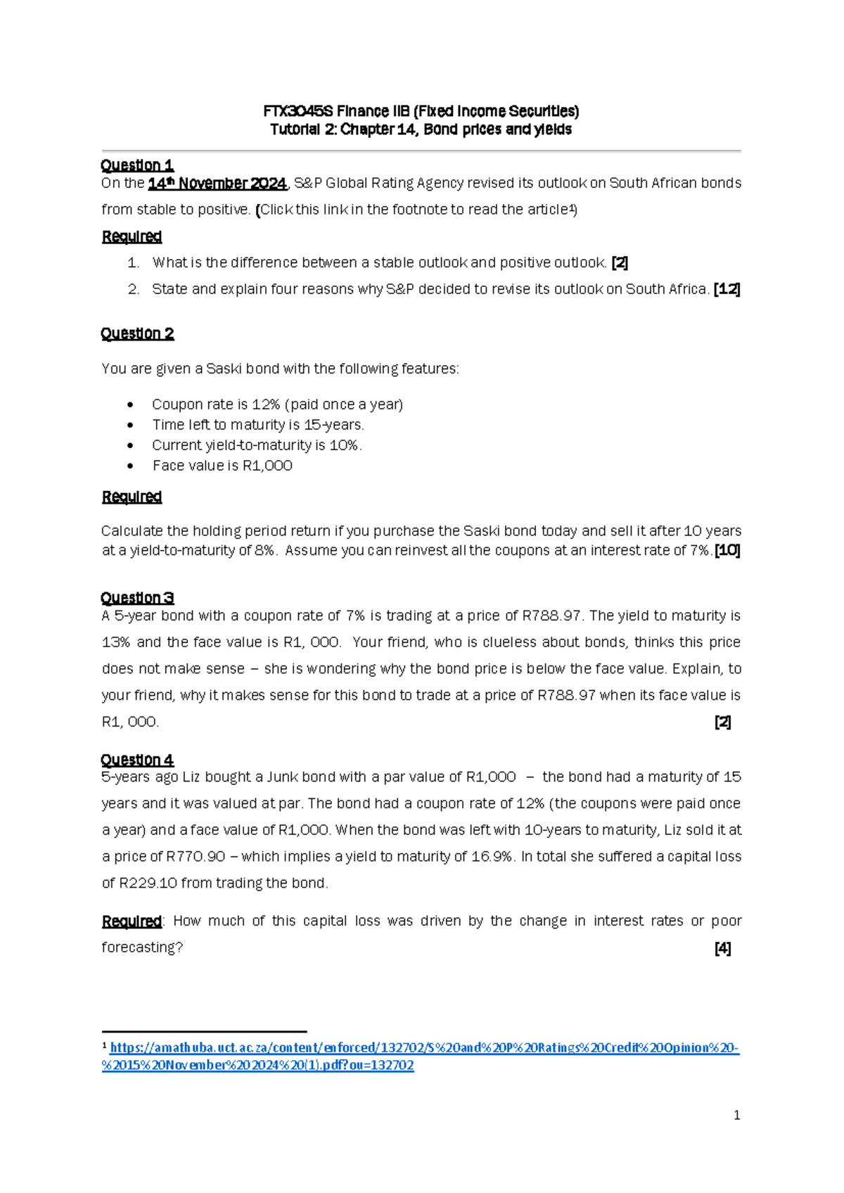 FTX3045S Finance IIB Tutorial 2: Bond Prices & Yields Questions - Studocu