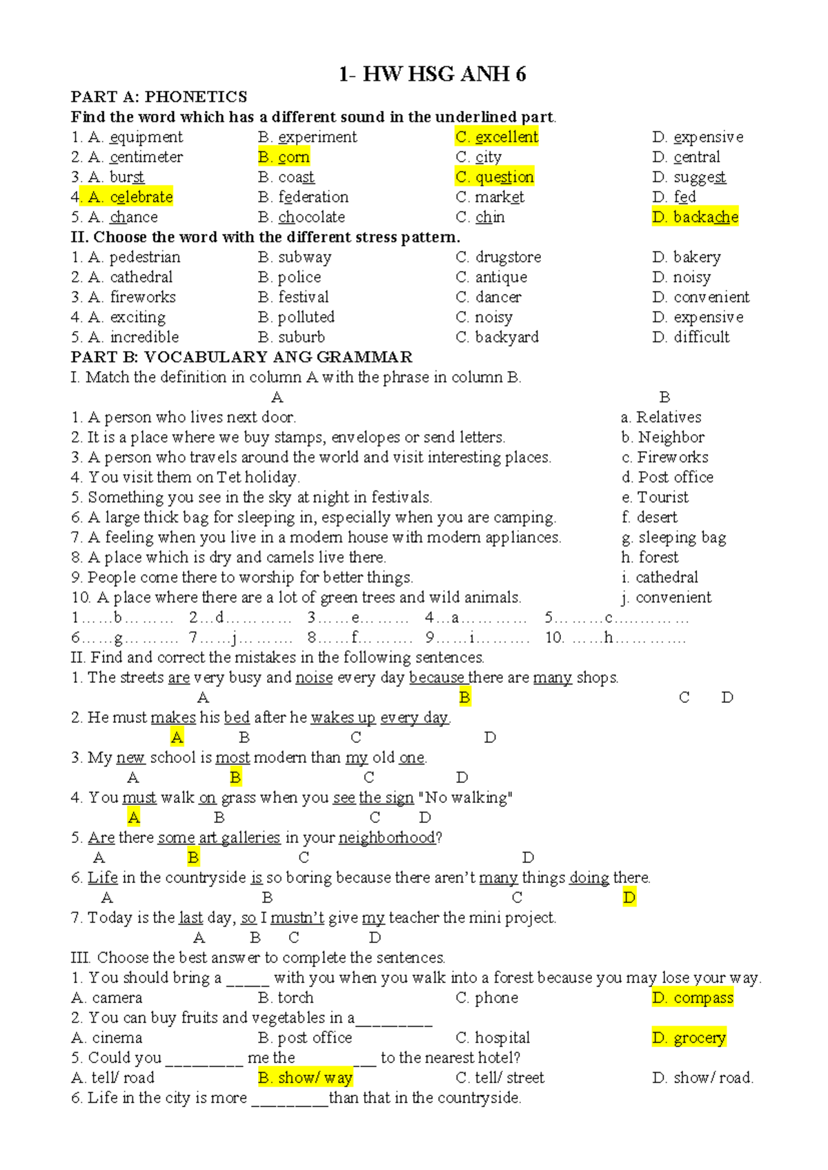 HW HSG ANH 6: Phonetics, Vocabulary & Grammar Practice Test - Studocu