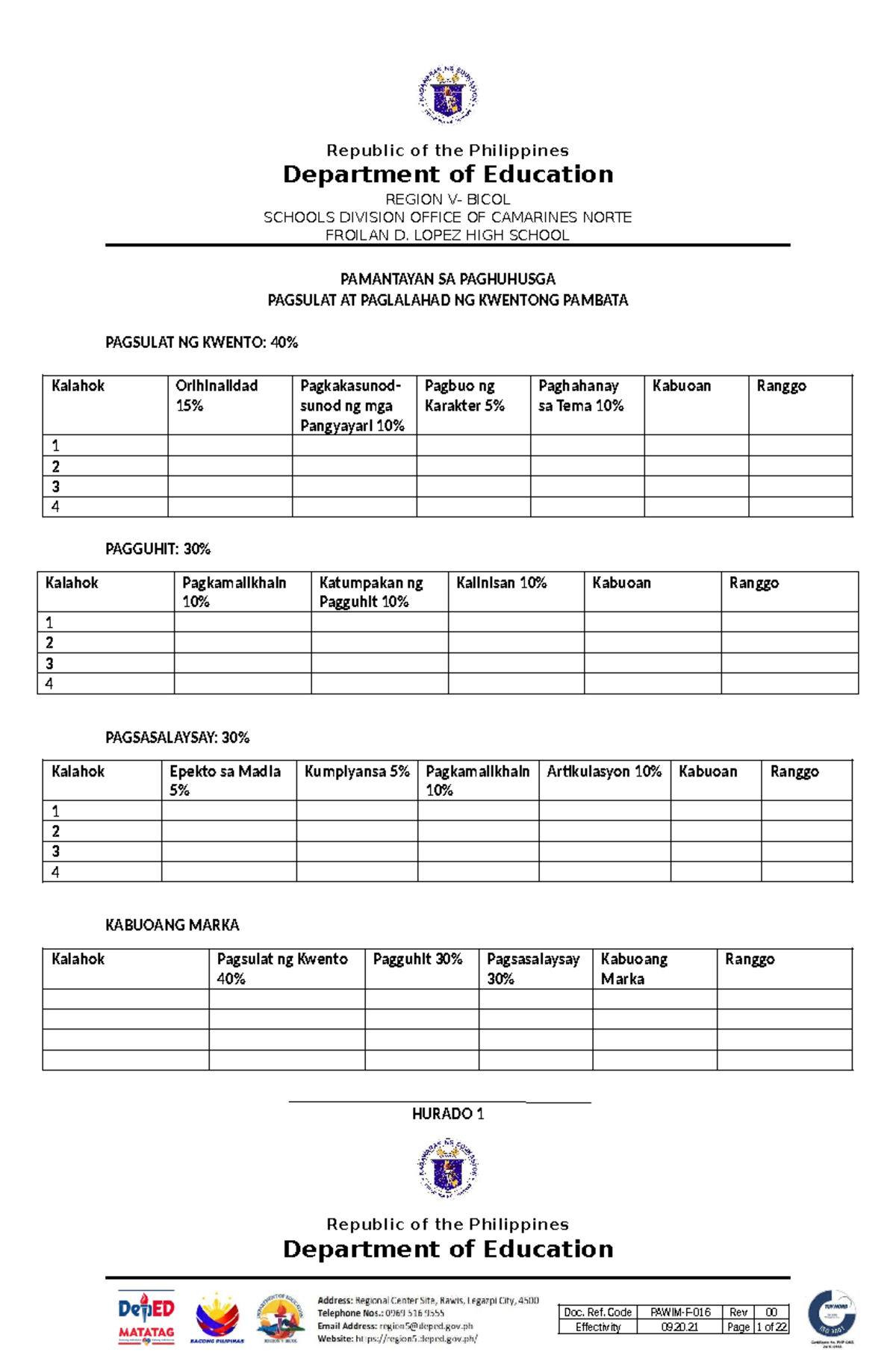 Pamantayan sa Pagmamarka: Pagsulat ng Kwento at Sanaysay (PAWIM-F-016 ...