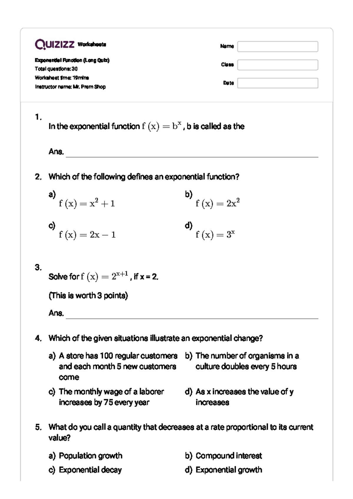 Exponential Function (Long Quiz) Quizizz - Worksheets Exponential ...