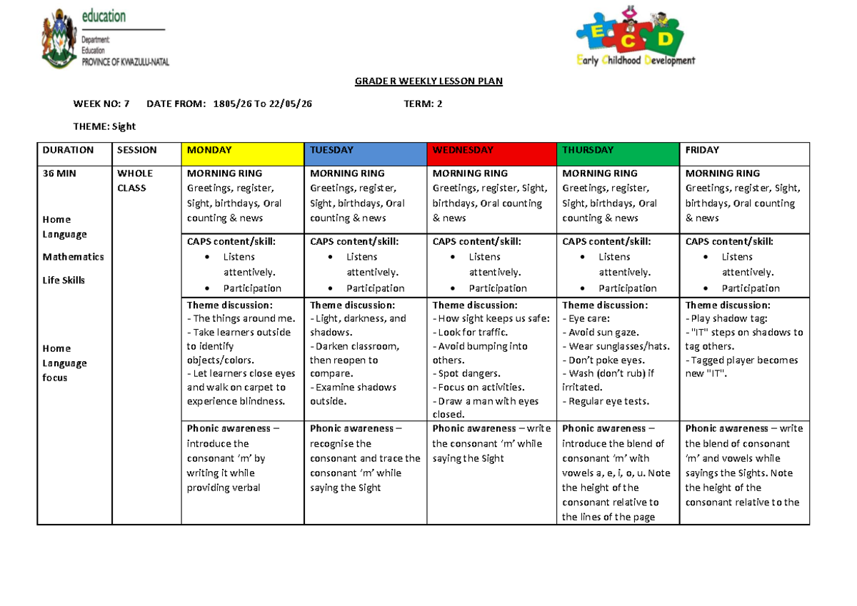 GRADE R WEEKLY LESSON PLAN: WEEK 7 - THEME: SIGHT - Studocu