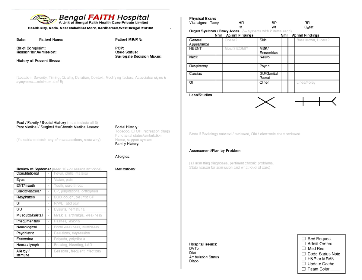 MRAN H&P Template for History and Physical - Revised 2015-1 - Studocu