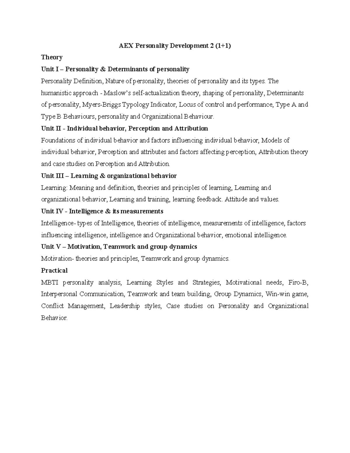 AEX Personality Development: Key Theories and Concepts from Lectures 1 ...