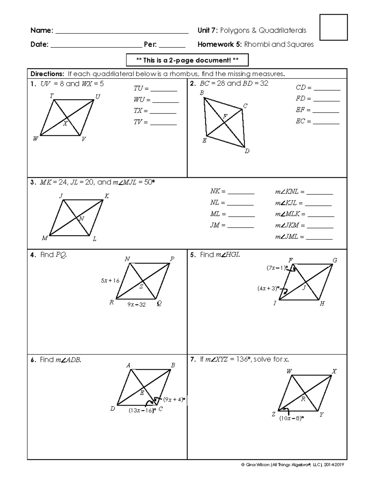 Unit 7: Homework 5 - Properties of Rhombi & Squares - Studocu