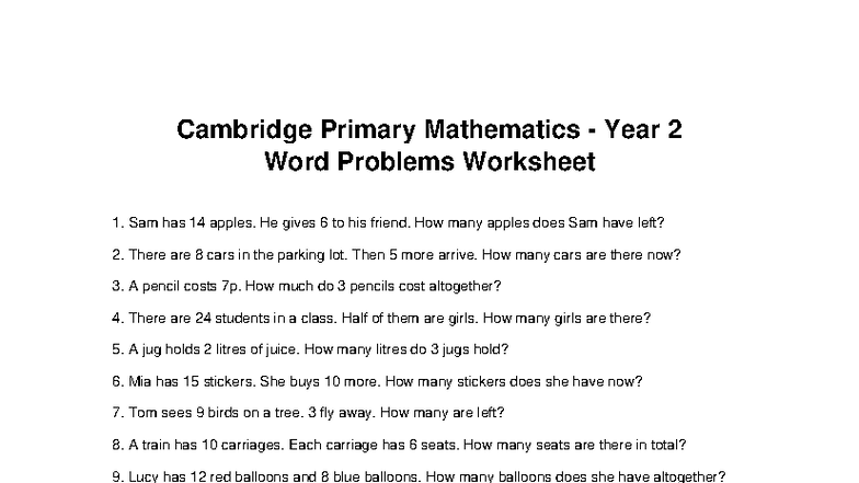 Cambridge Primary Math Year2 Word Problems - Cambridge Primary ...
